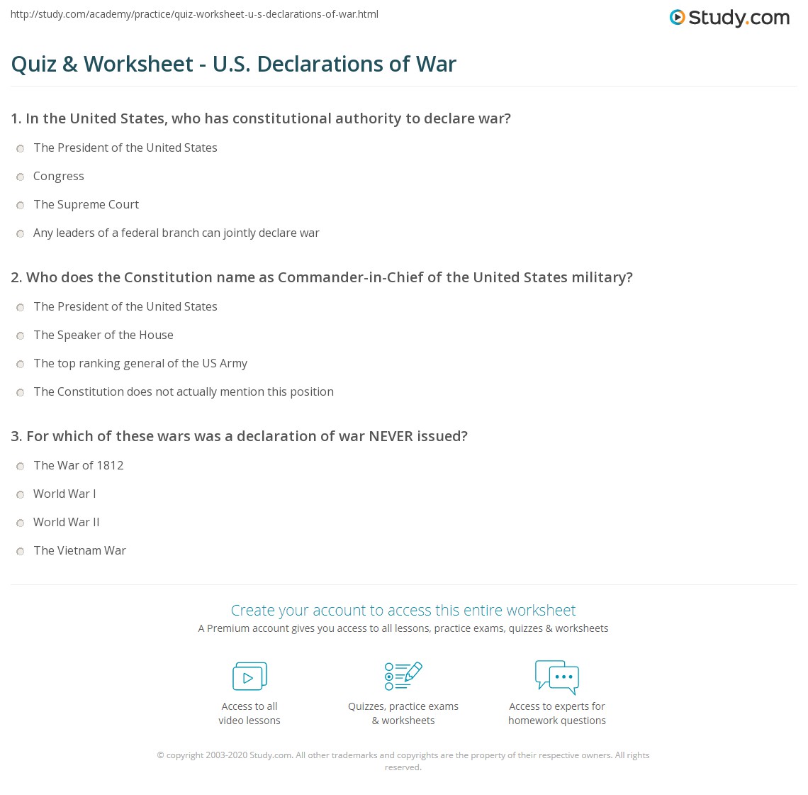 Quiz & Worksheet - U.S. Declarations of War | Study.com