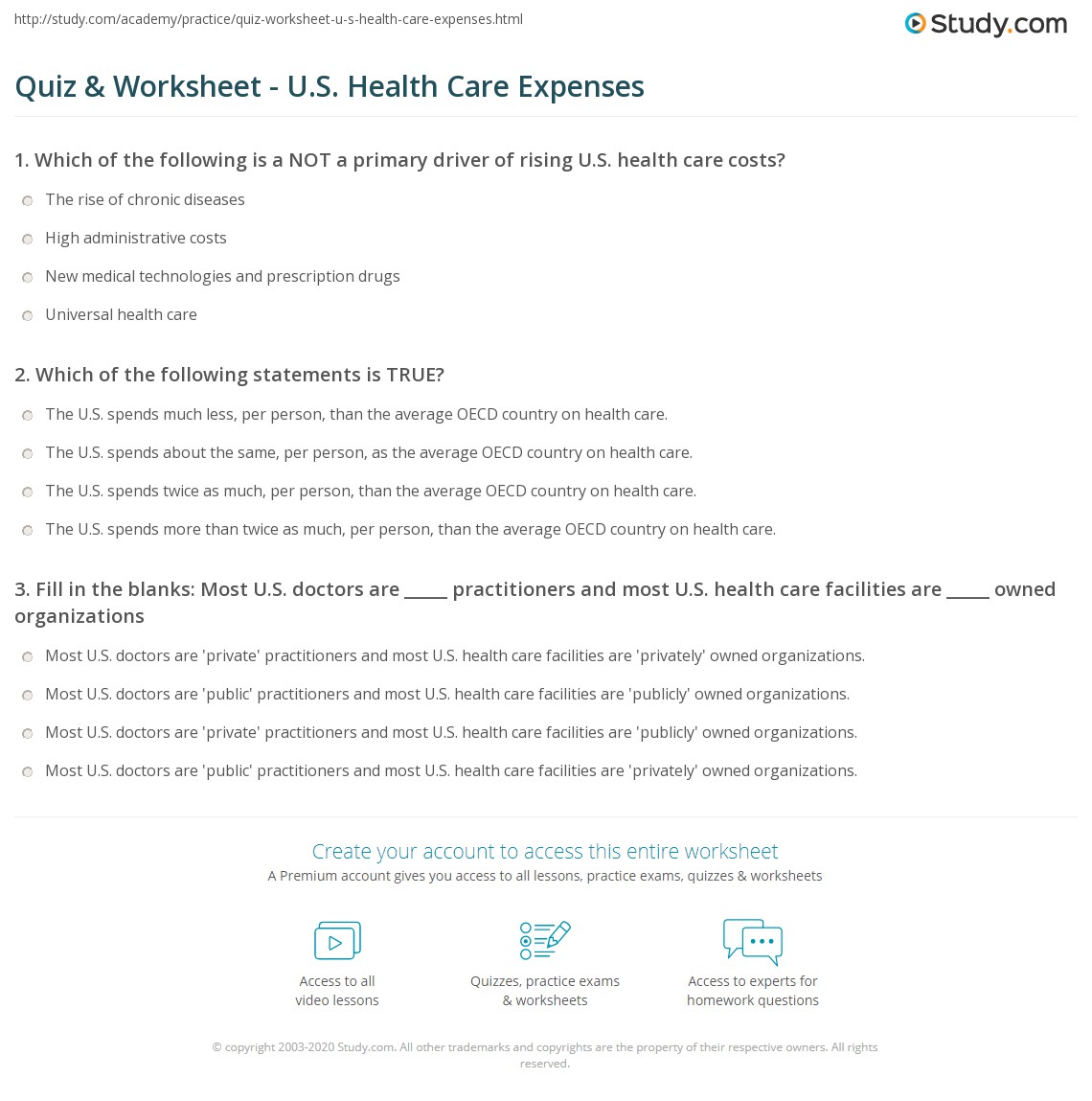 Quiz & Worksheet - U.S. Health Care Expenses | Study.com