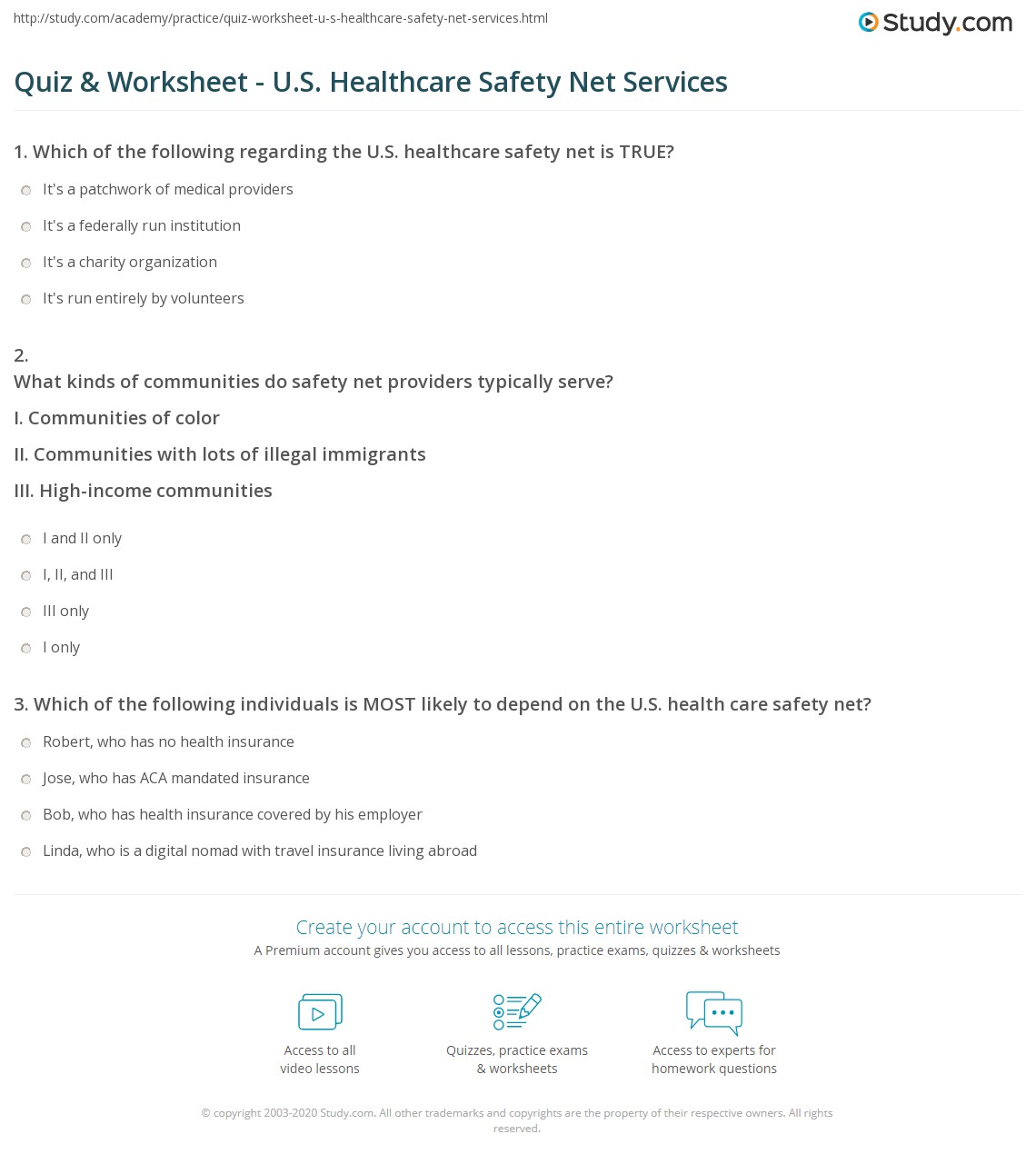Quiz & Worksheet - U.S. Healthcare Safety Net Services | Study.com