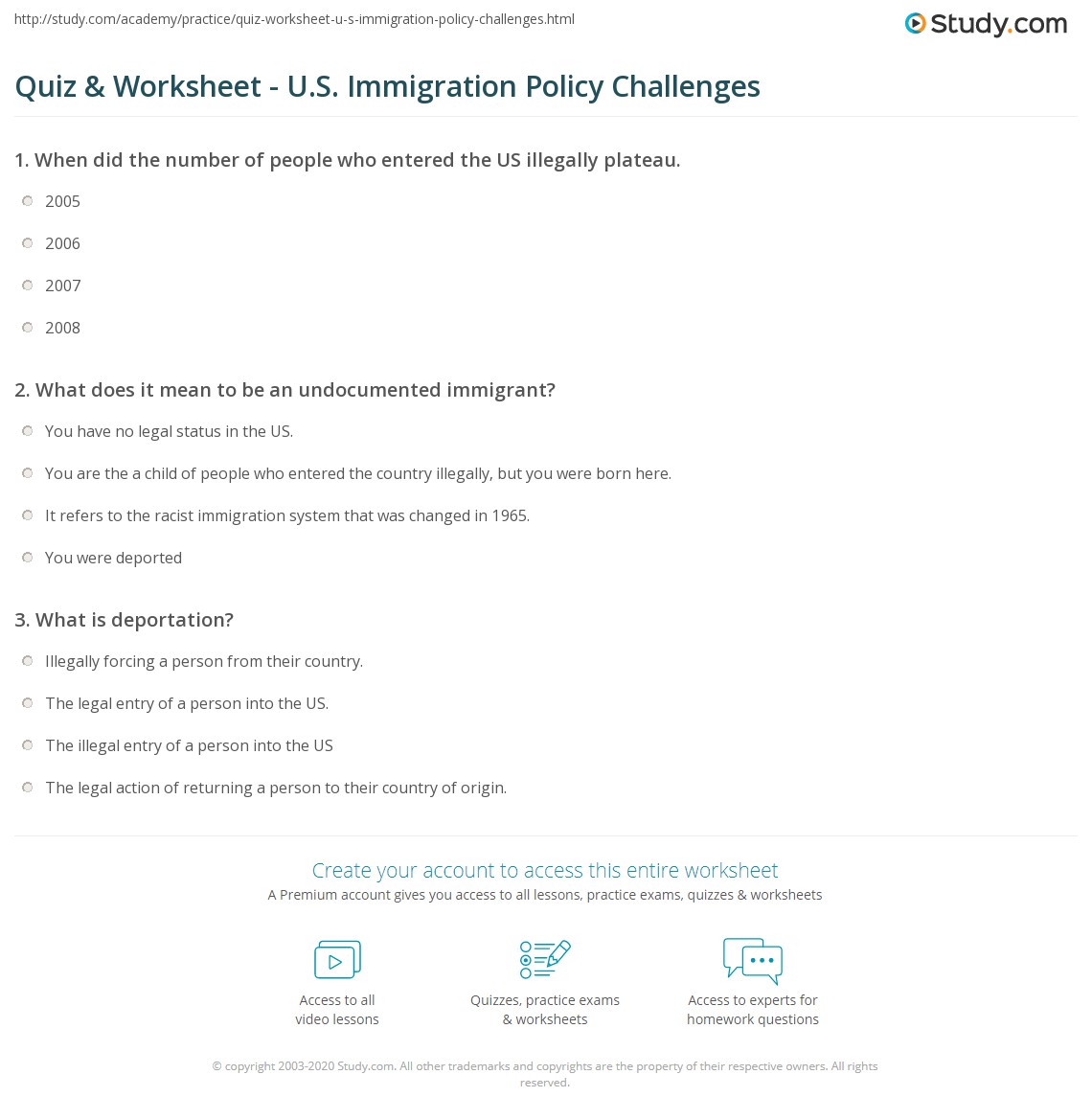 Quiz & Worksheet - U.S. Immigration Policy Challenges | Study.com