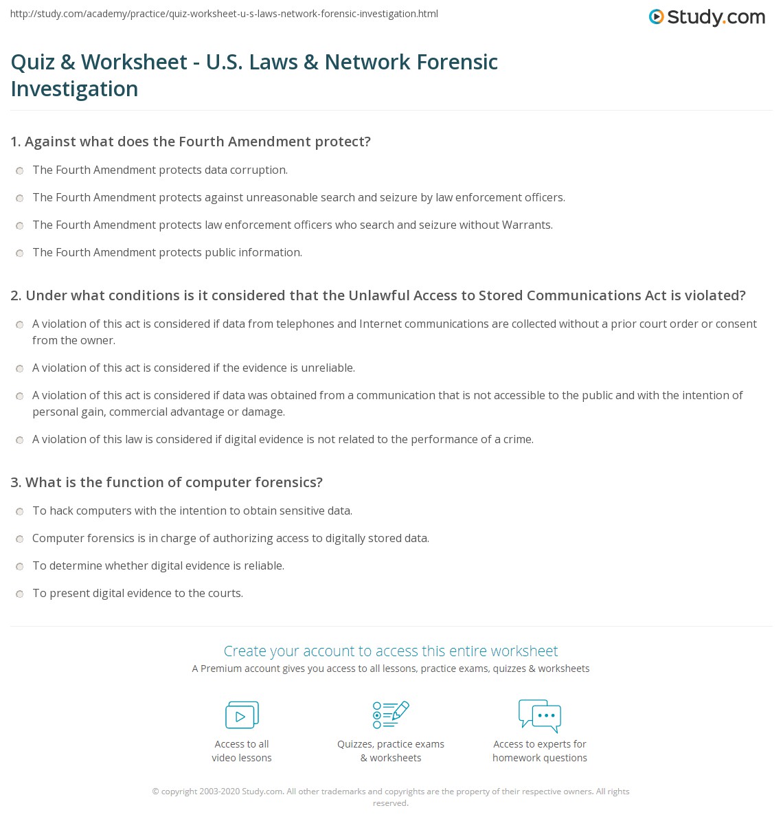 Quiz & Worksheet - U.S. Laws & Network Forensic Investigation | Study.com