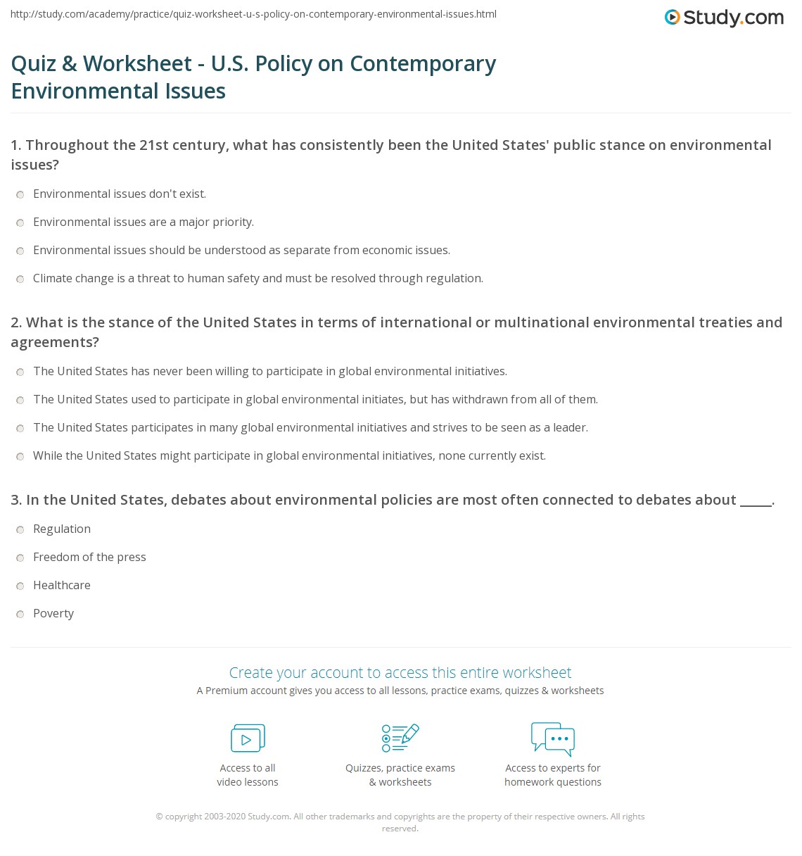 Quiz & Worksheet - U.S. Policy on Contemporary Environmental Issues ...