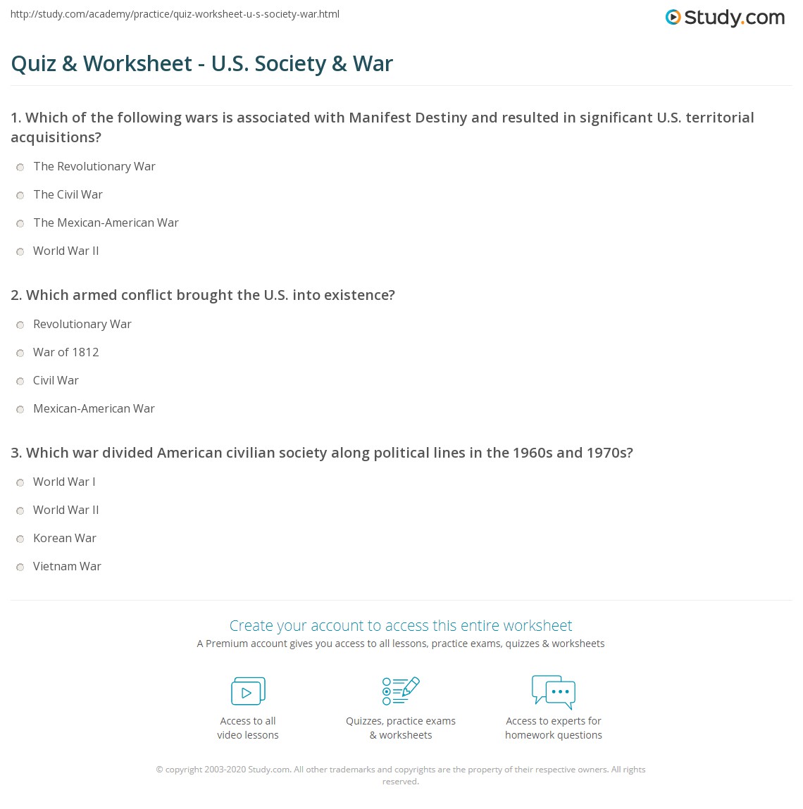 Quiz & Worksheet - U.S. Society & War | Study.com
