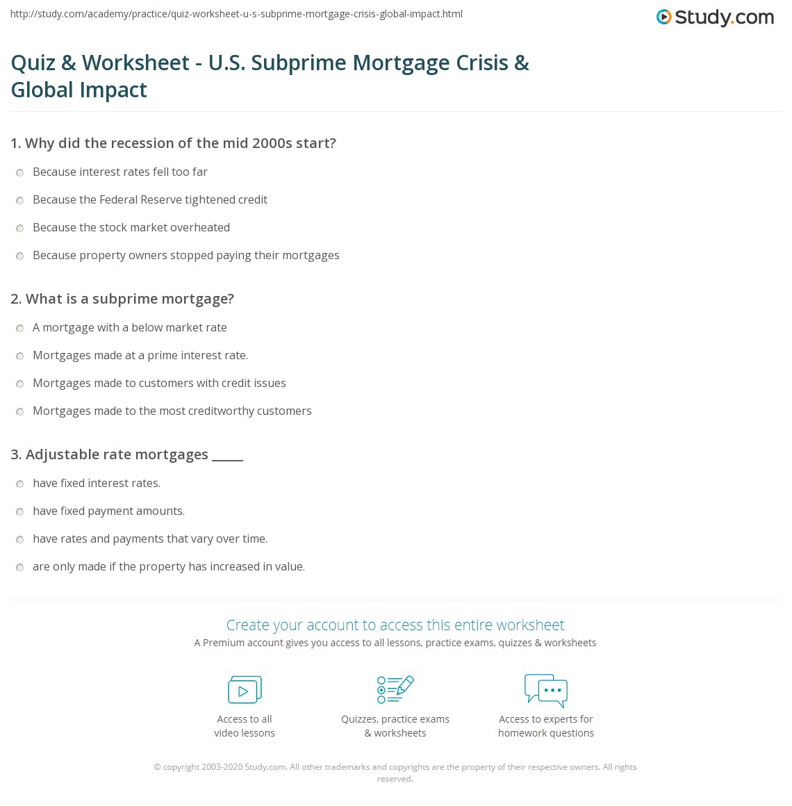 Quiz & Worksheet - U.S. Subprime Mortgage Crisis & Global Impact ...