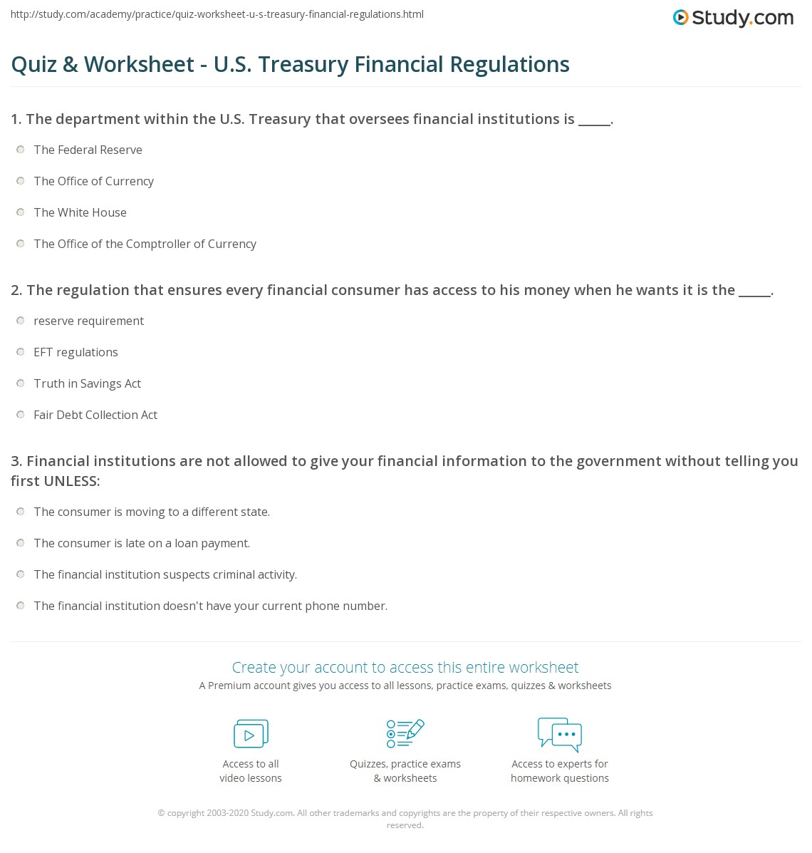 Quiz & Worksheet - U.S. Treasury Financial Regulations | Study.com