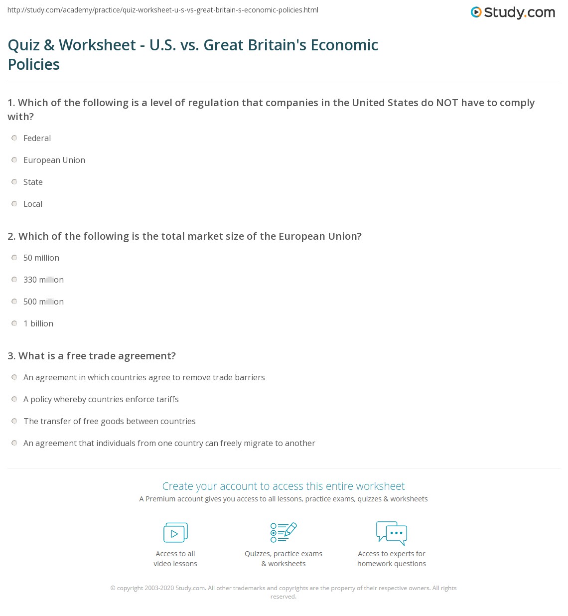 Quiz & Worksheet - U.S. vs. Great Britain's Economic Policies | Study.com