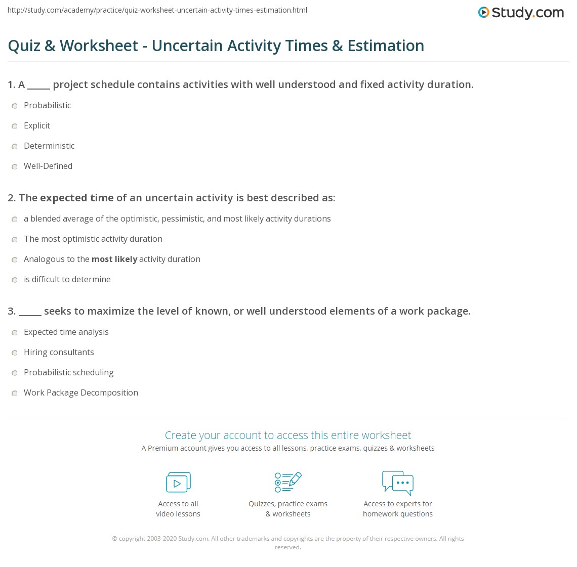 Quiz & Worksheet - Uncertain Activity Times & Estimation | Study.com