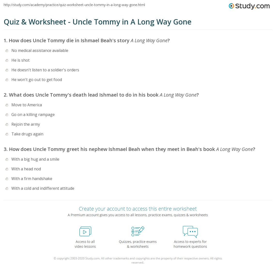 Quiz & Worksheet - Uncle Tommy in A Long Way Gone | Study.com