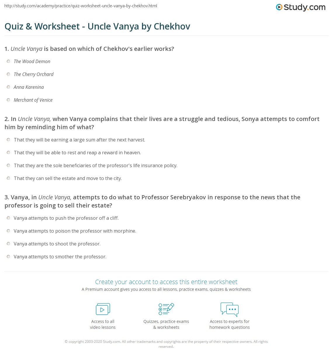 Quiz & Worksheet - Uncle Vanya by Chekhov | Study.com