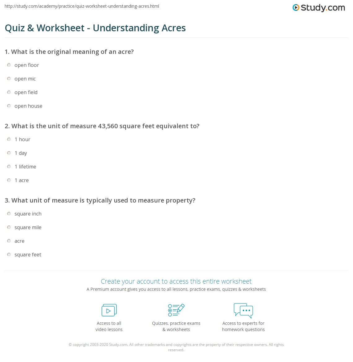 Quiz & Worksheet - Understanding Acres | Study.com