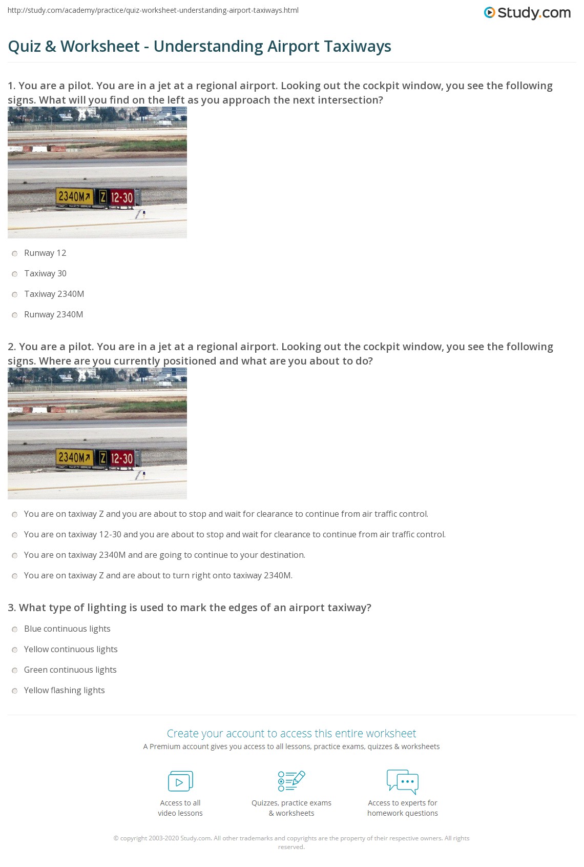 Quiz & Worksheet - Understanding Airport Taxiways | Study.com