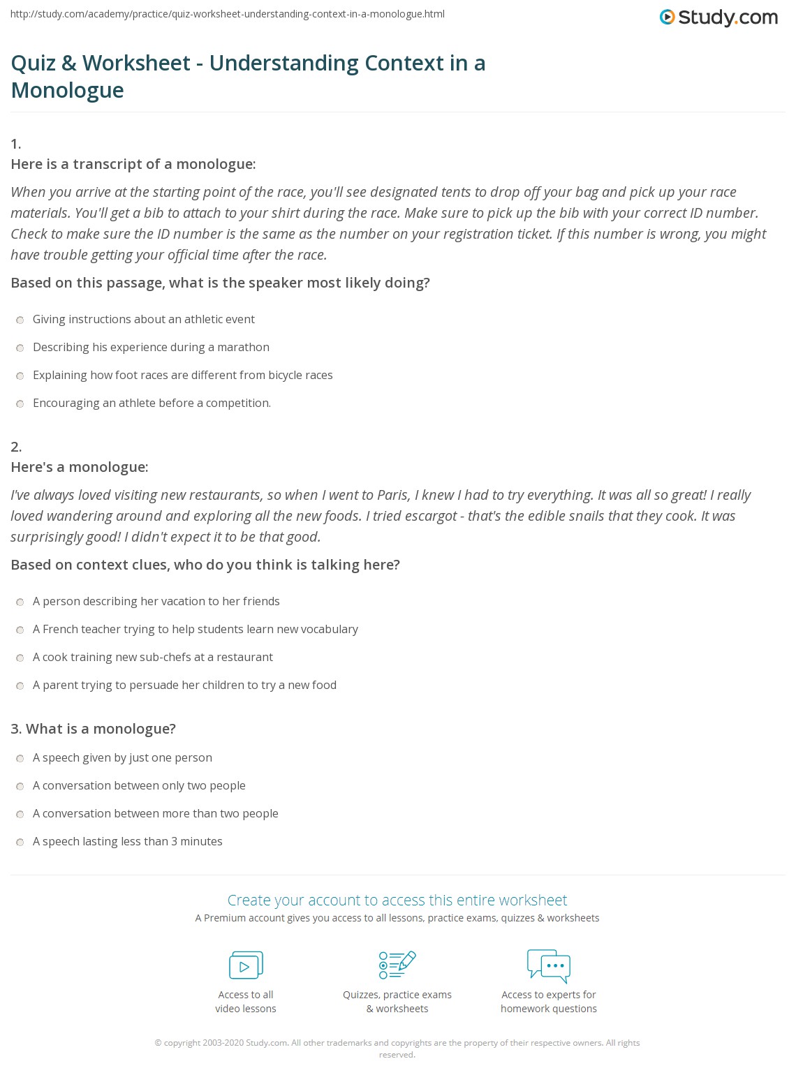 Quiz & Worksheet - Understanding Context in a Monologue | Study.com