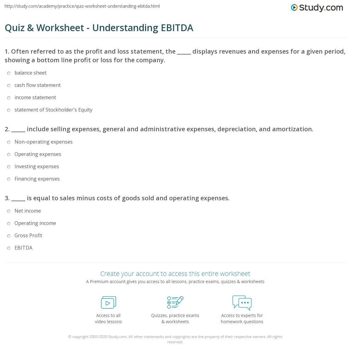 Quiz & Worksheet - Understanding EBITDA | Study.com