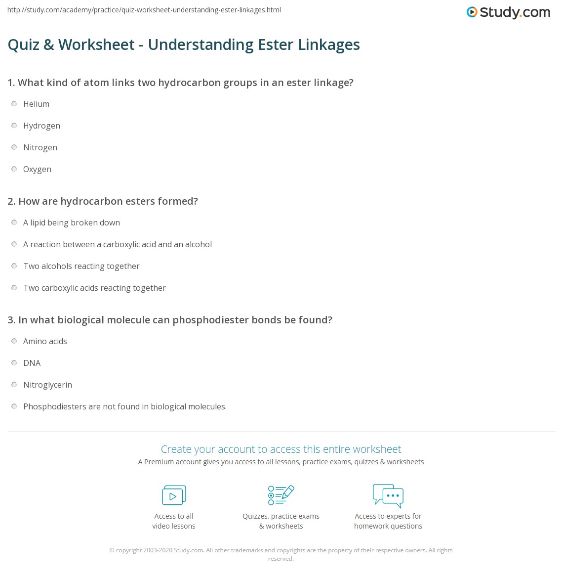 Quiz & Worksheet - Understanding Ester Linkages | Study.com
