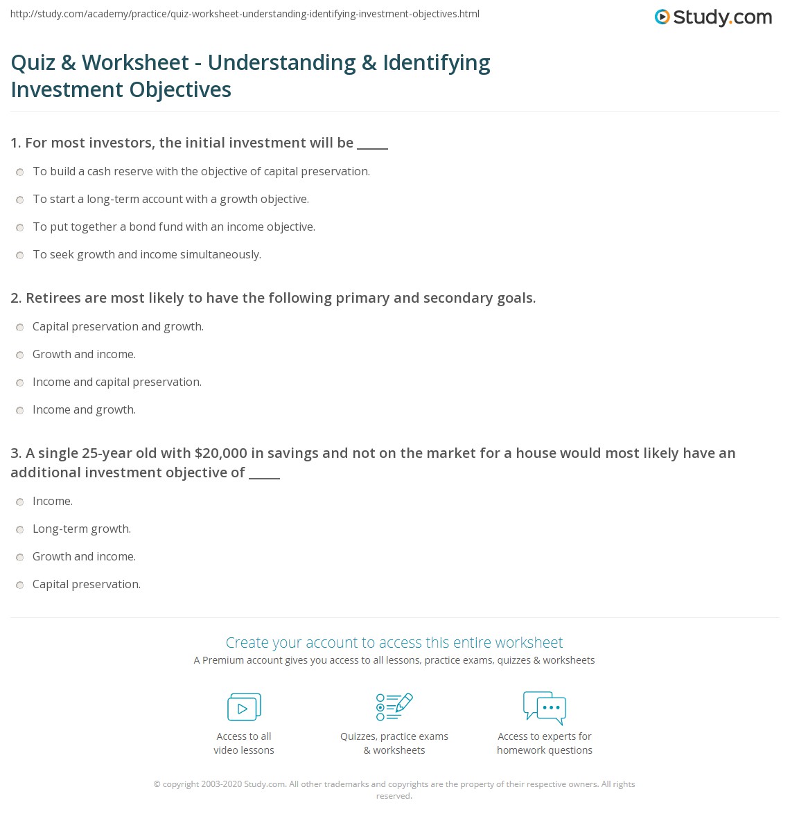 Quiz & Worksheet - Understanding & Identifying Investment Objectives ...