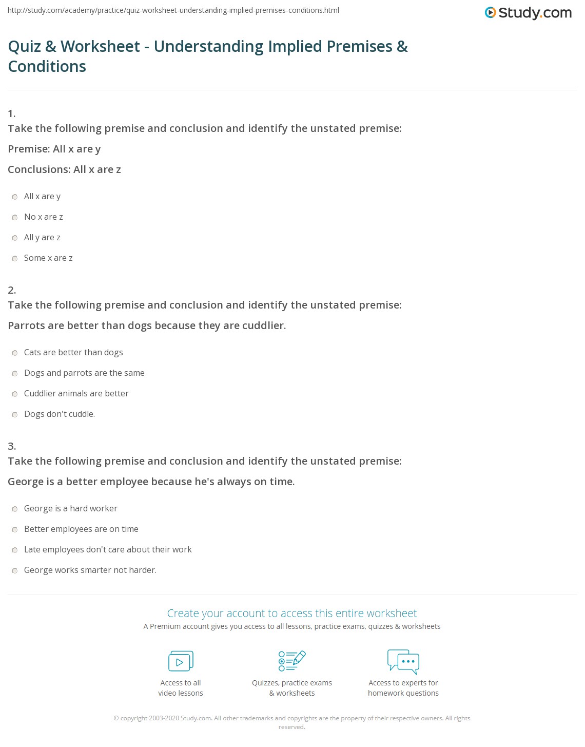 Quiz & Worksheet - Understanding Implied Premises & Conditions | Study.com