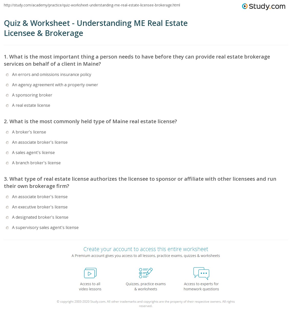 Quiz & Worksheet - Understanding ME Real Estate Licensee & Brokerage ...