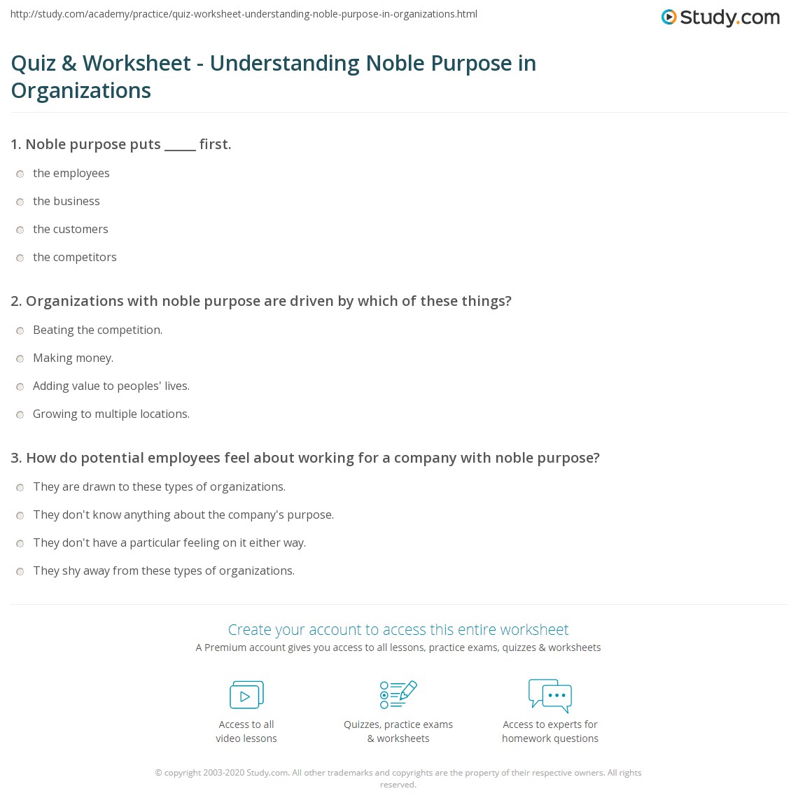 Quiz & Worksheet - Understanding Noble Purpose in Organizations | Study.com
