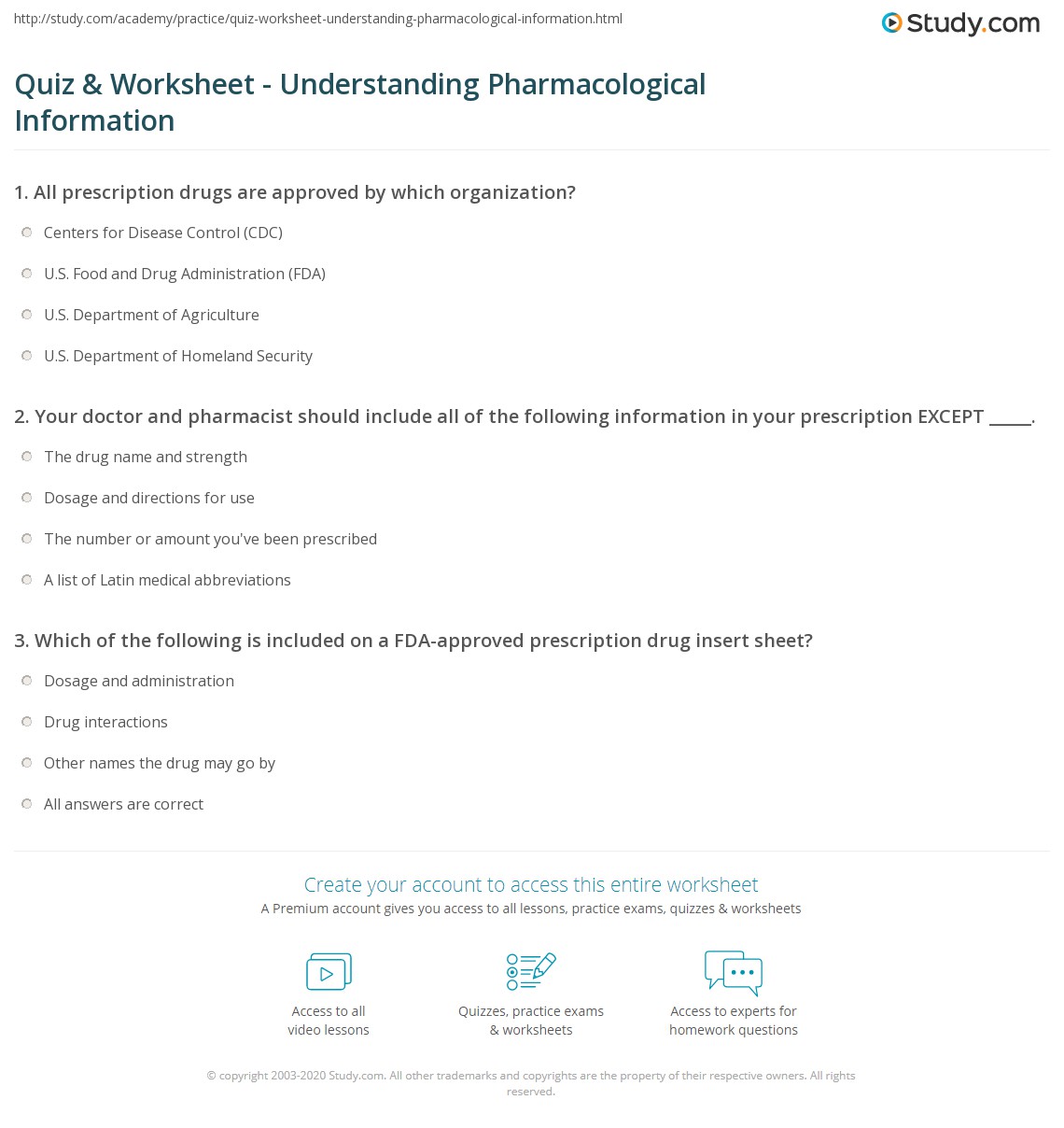 Quiz & Worksheet - Understanding Pharmacological Information | Study.com