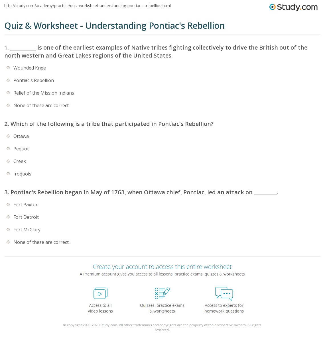 Quiz & Worksheet - Understanding Pontiac's Rebellion | Study.com