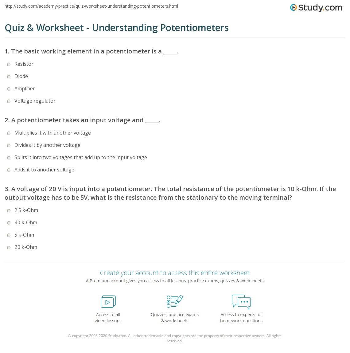 Quiz & Worksheet - Understanding Potentiometers | Study.com