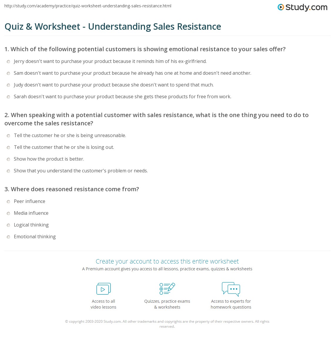 Quiz & Worksheet - Understanding Sales Resistance | Study.com