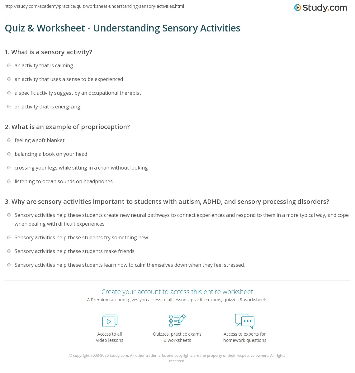 Quiz & Worksheet - Understanding Sensory Activities | Study.com