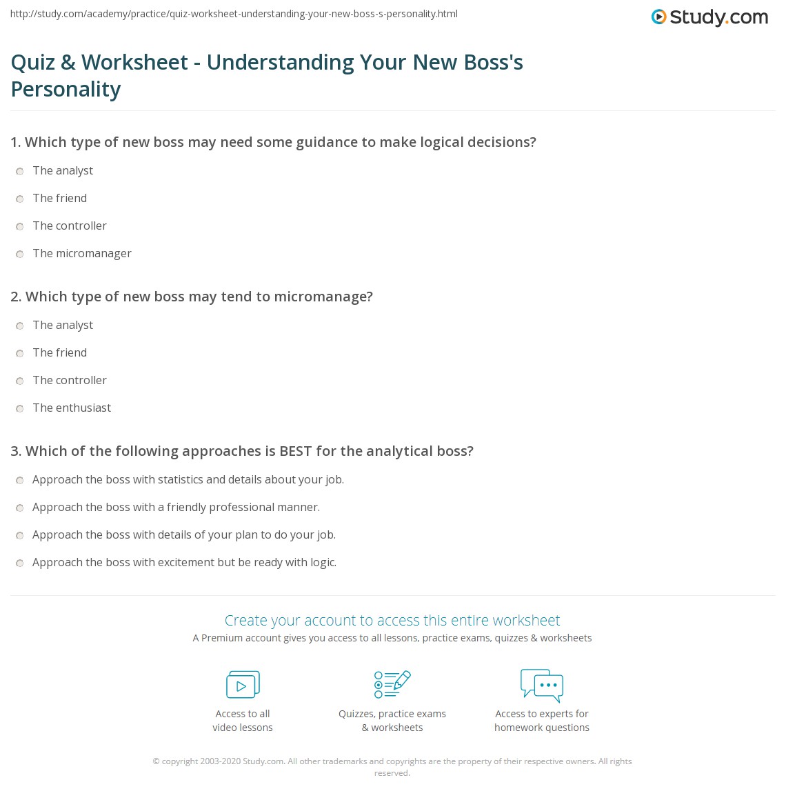 Quiz & Worksheet - Understanding Your New Boss's Personality | Study.com