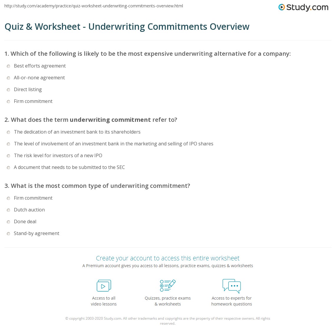 Quiz & Worksheet - Underwriting Commitments Overview | Study.com