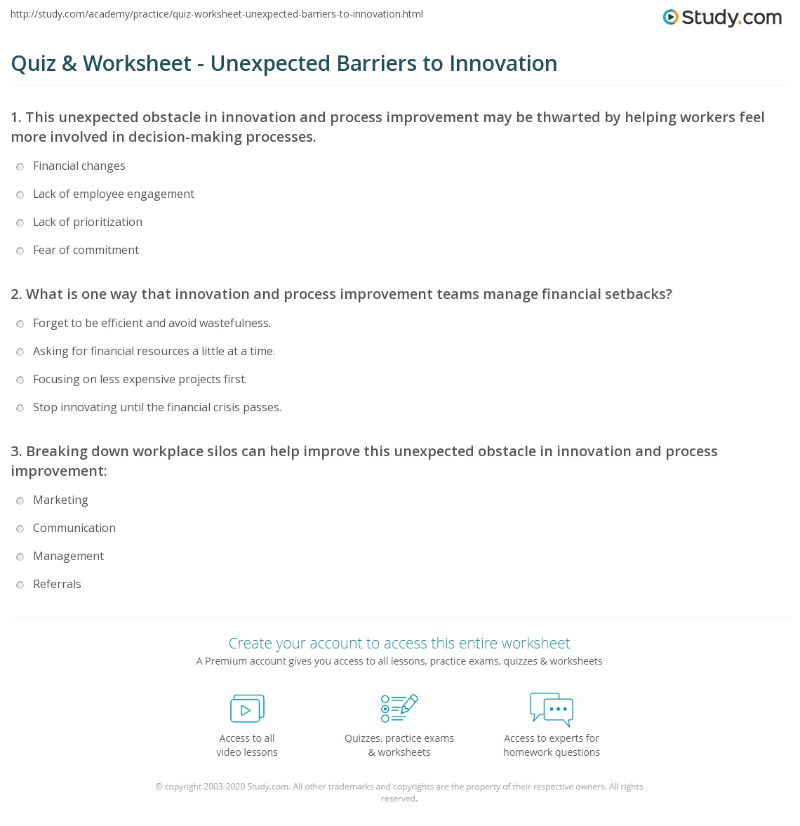 Quiz & Worksheet - Unexpected Barriers to Innovation | Study.com