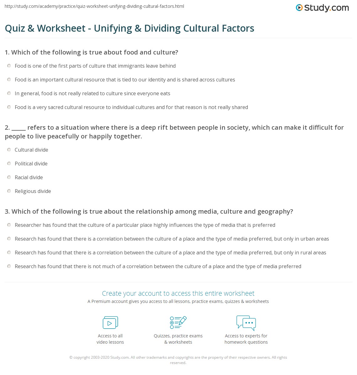Quiz & Worksheet - Unifying & Dividing Cultural Factors | Study.com