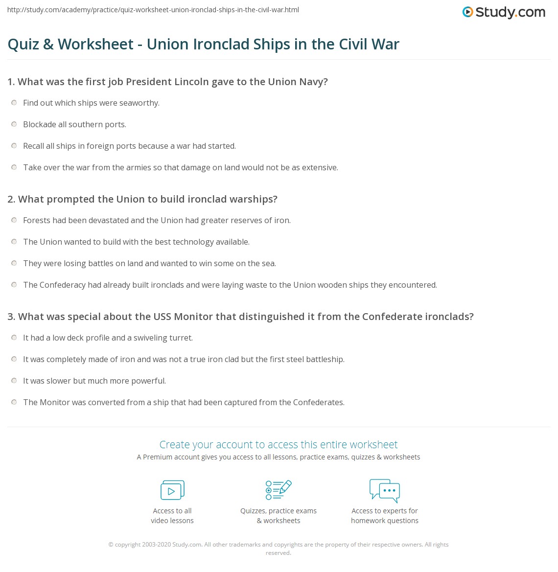 Quiz & Worksheet - Union Ironclad Ships in the Civil War | Study.com