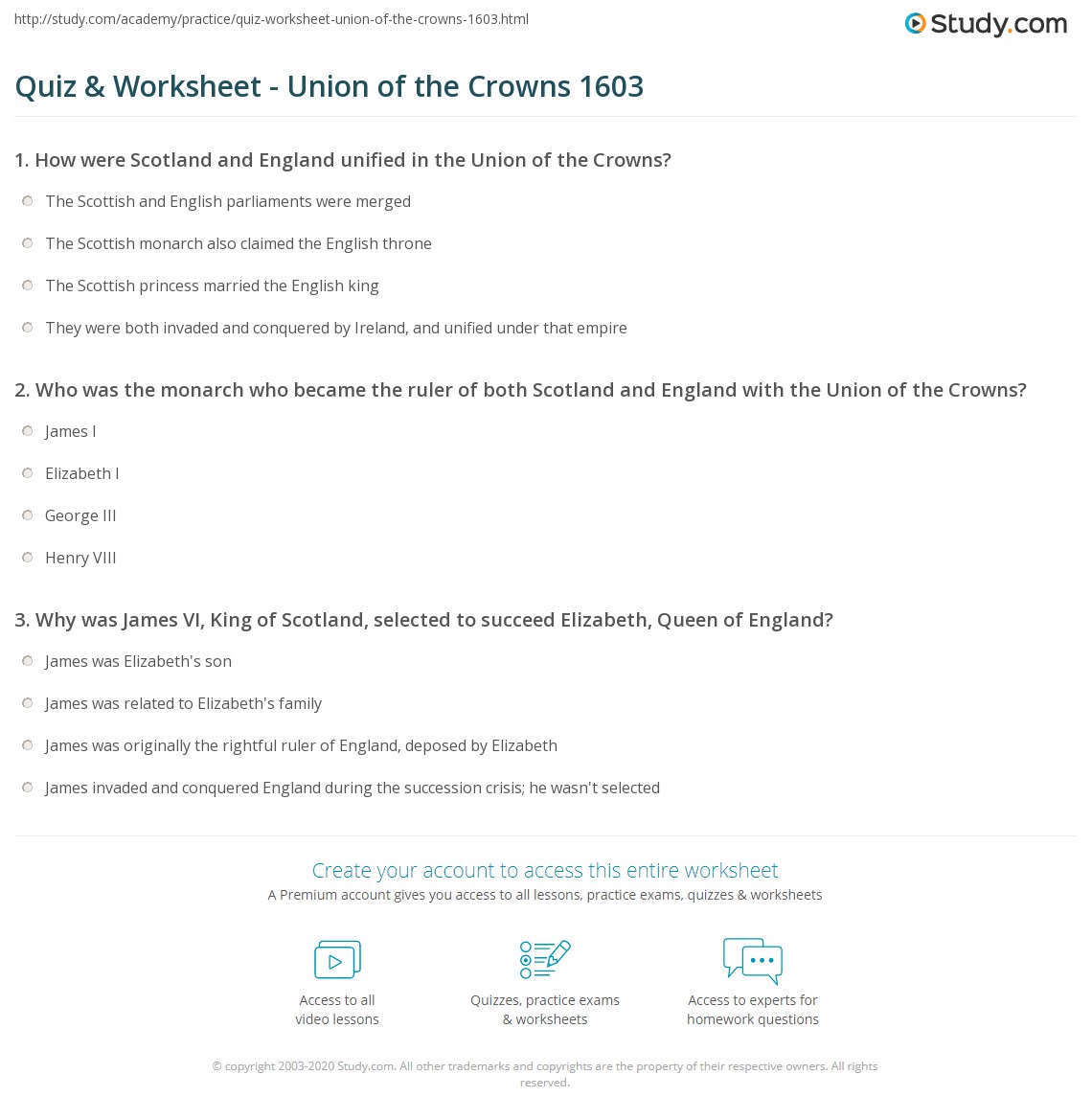 Quiz & Worksheet - Union of the Crowns 1603 | Study.com