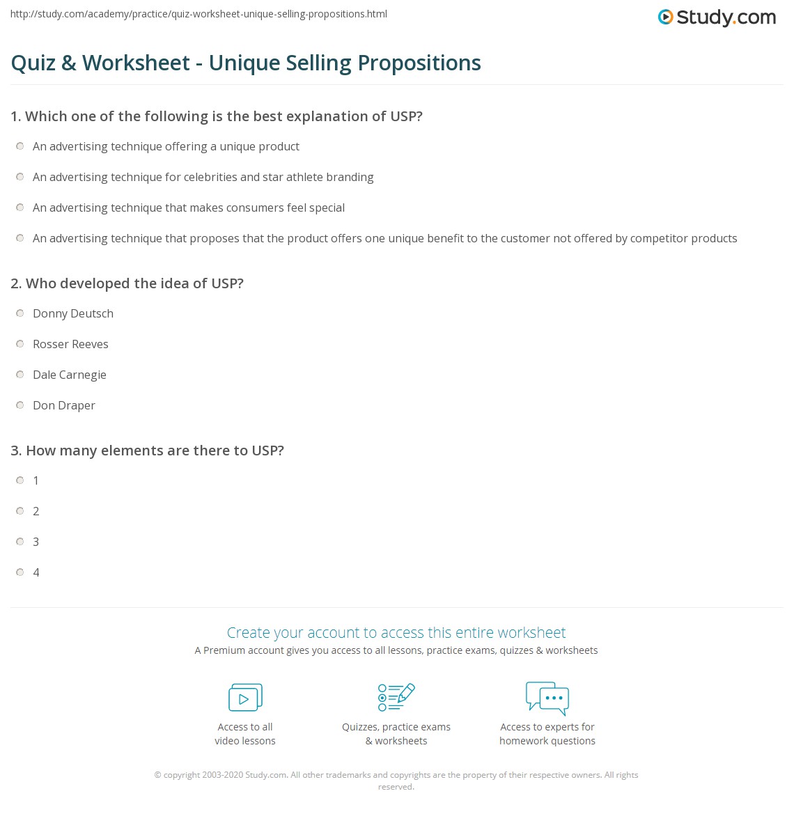 Quiz & Worksheet - Unique Selling Propositions | Study.com