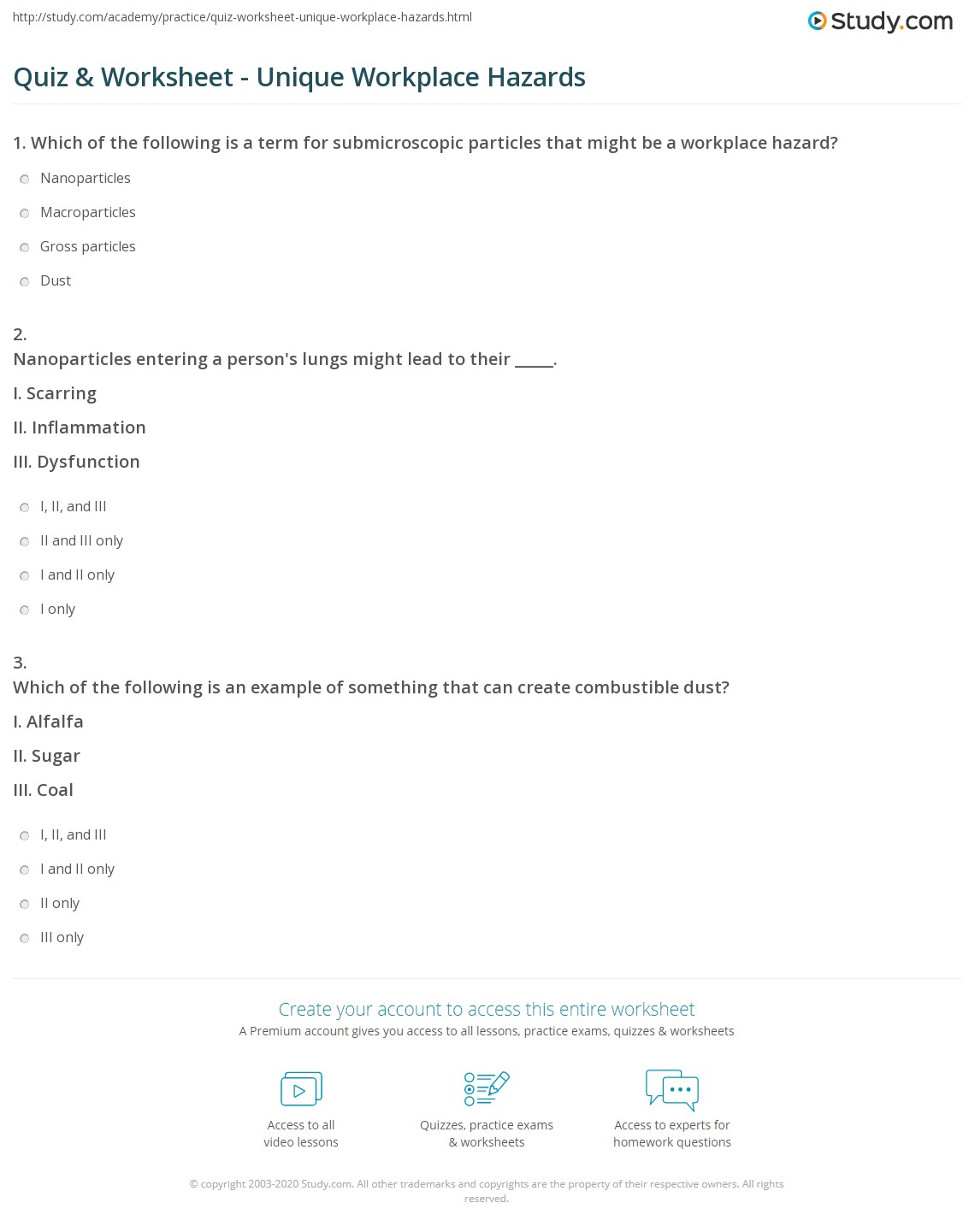 Quiz & Worksheet - Unique Workplace Hazards | Study.com