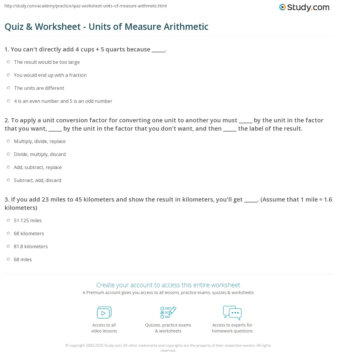 Quiz & Worksheet - Units of Measure Arithmetic | Study.com