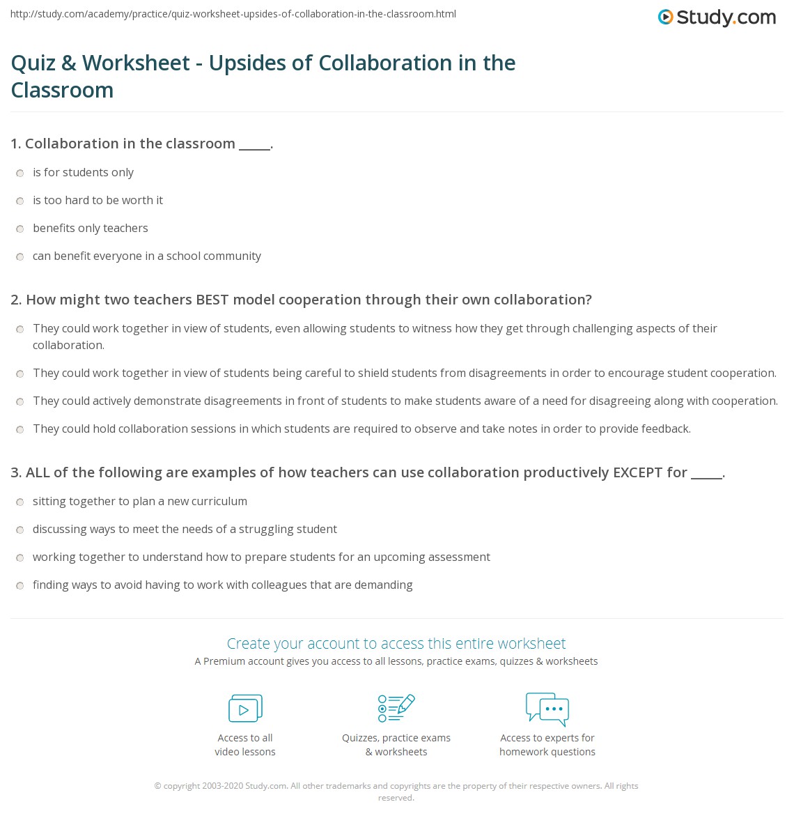 Quiz & Worksheet - Upsides of Collaboration in the Classroom | Study.com