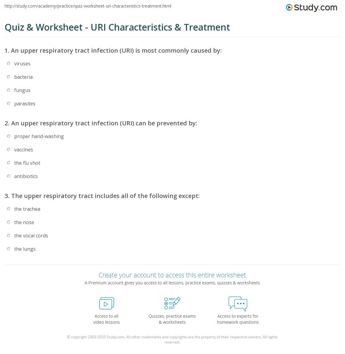Quiz & Worksheet - URI Characteristics & Treatment | Study.com