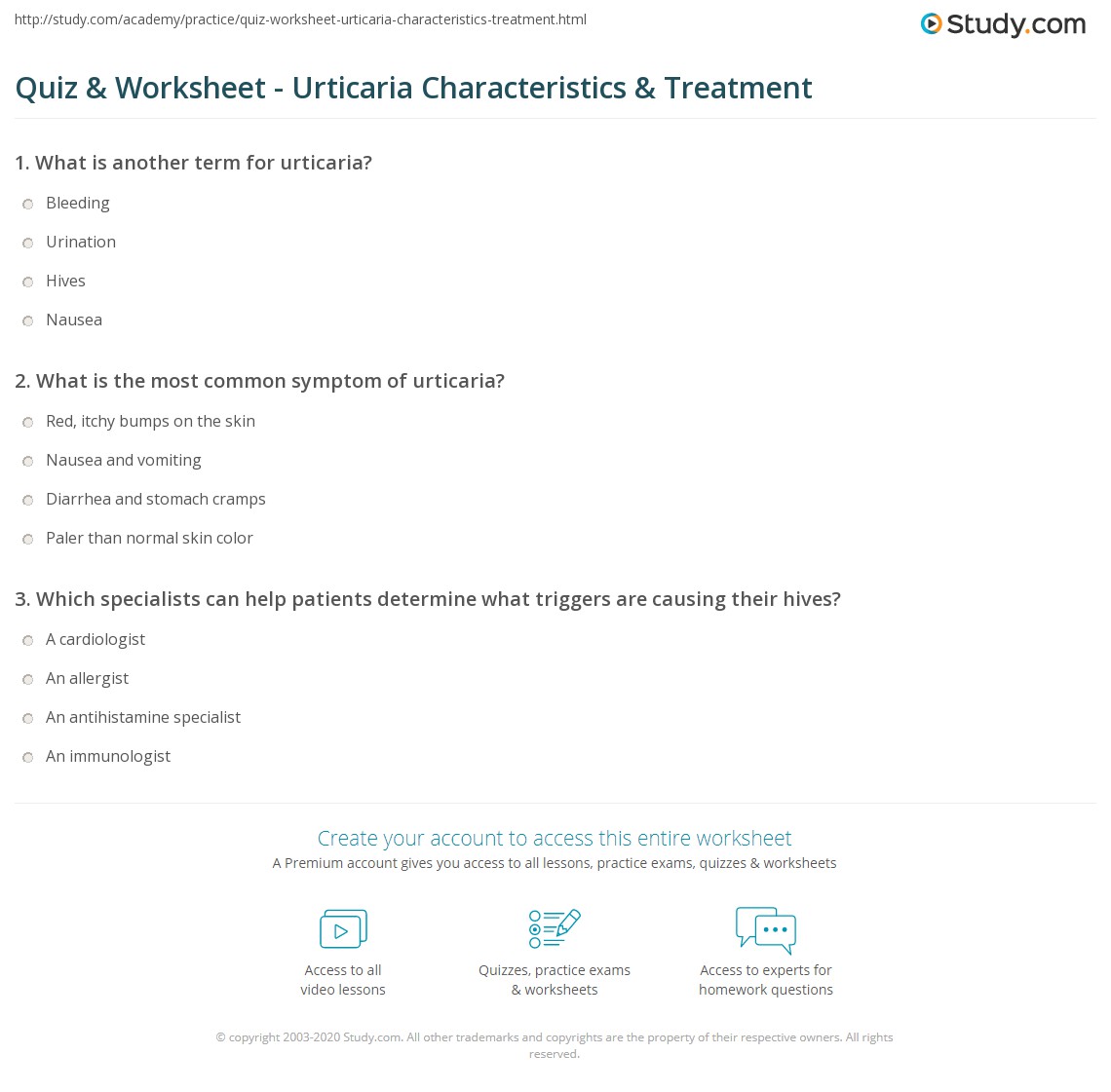 Quiz & Worksheet - Urticaria Characteristics & Treatment | Study.com