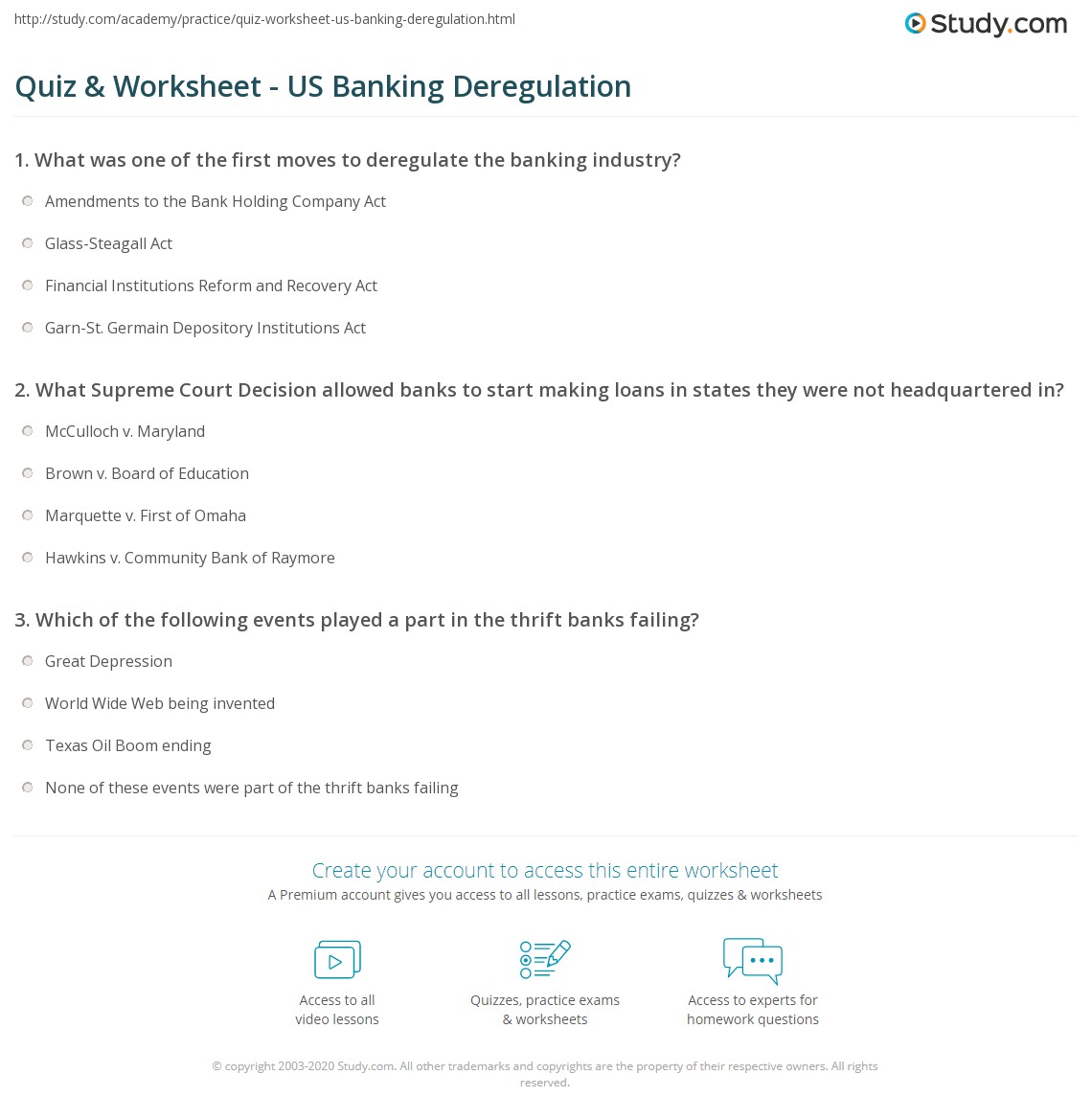 Quiz & Worksheet - US Banking Deregulation | Study.com