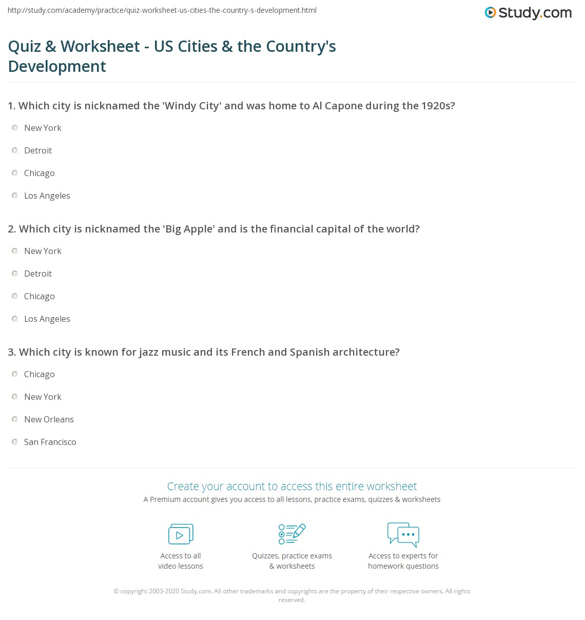 Quiz & Worksheet - US Cities & the Country's Development | Study.com