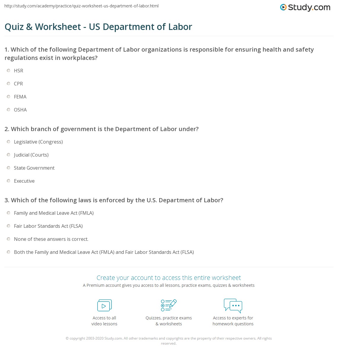 Quiz & Worksheet - US Department of Labor | Study.com