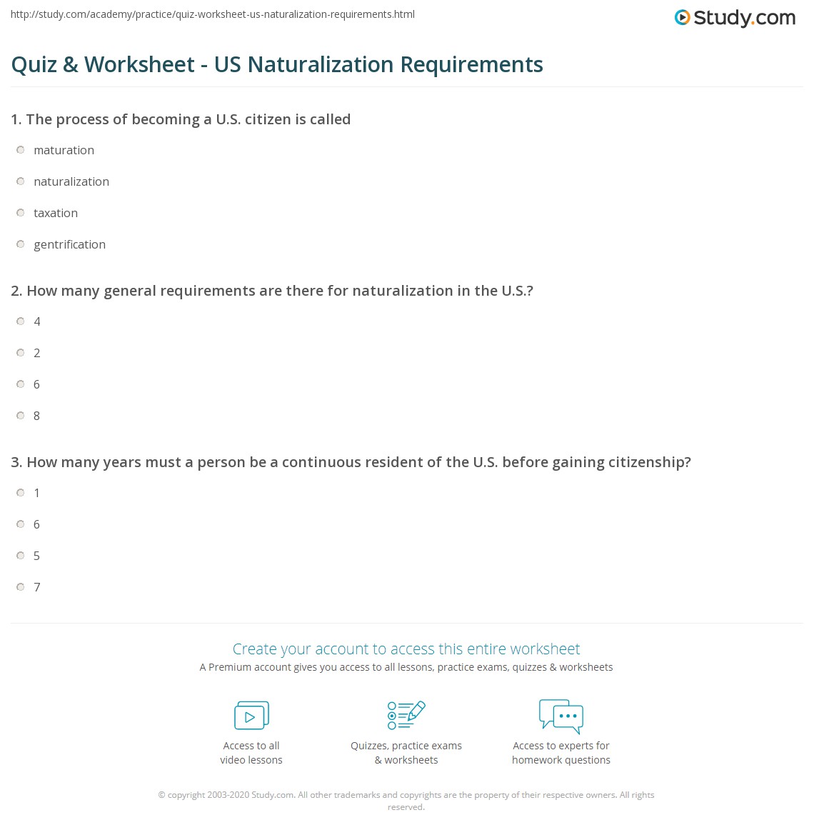 Quiz & Worksheet - US Naturalization Requirements | Study.com