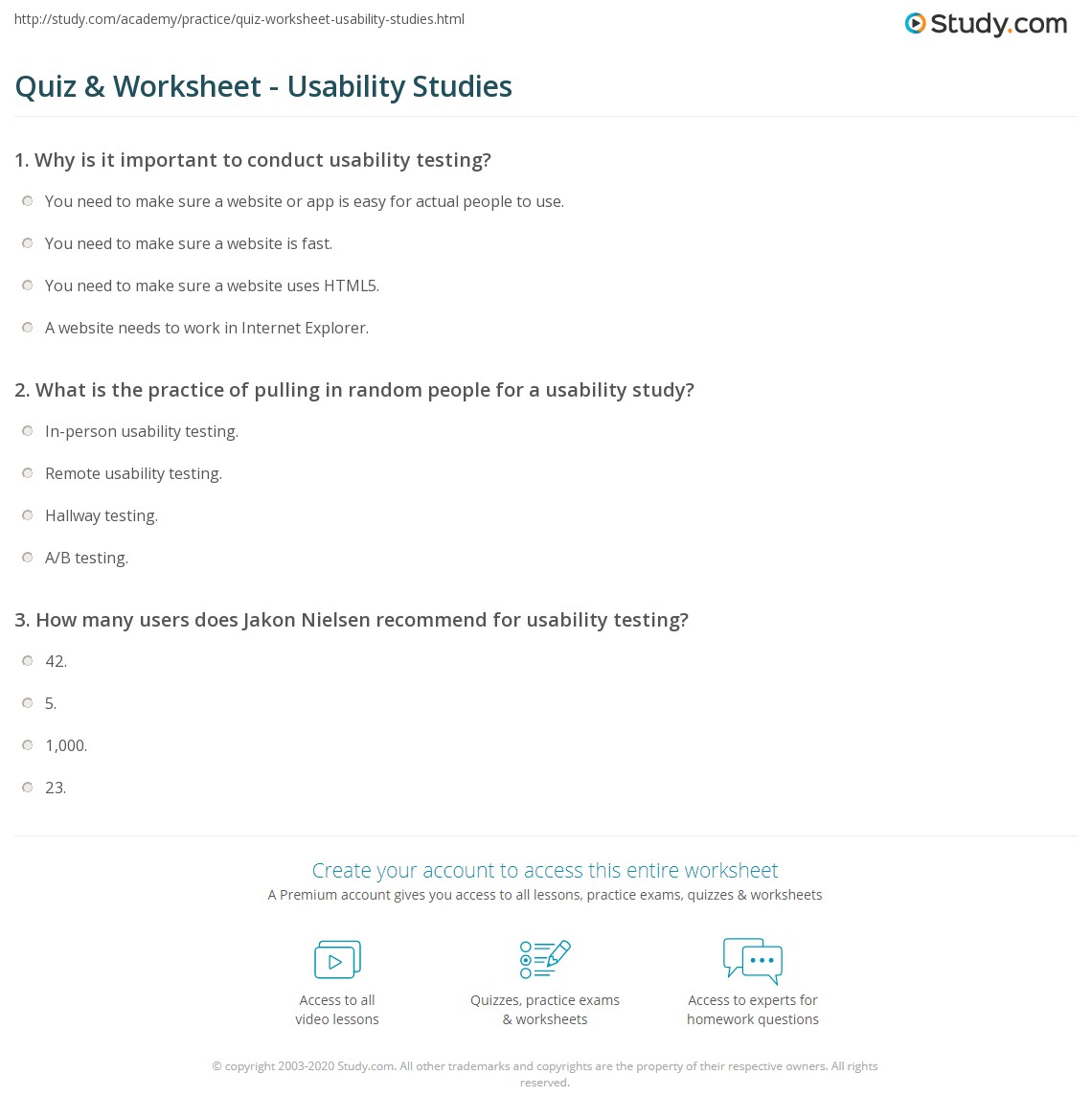 Quiz & Worksheet - Usability Studies | Study.com