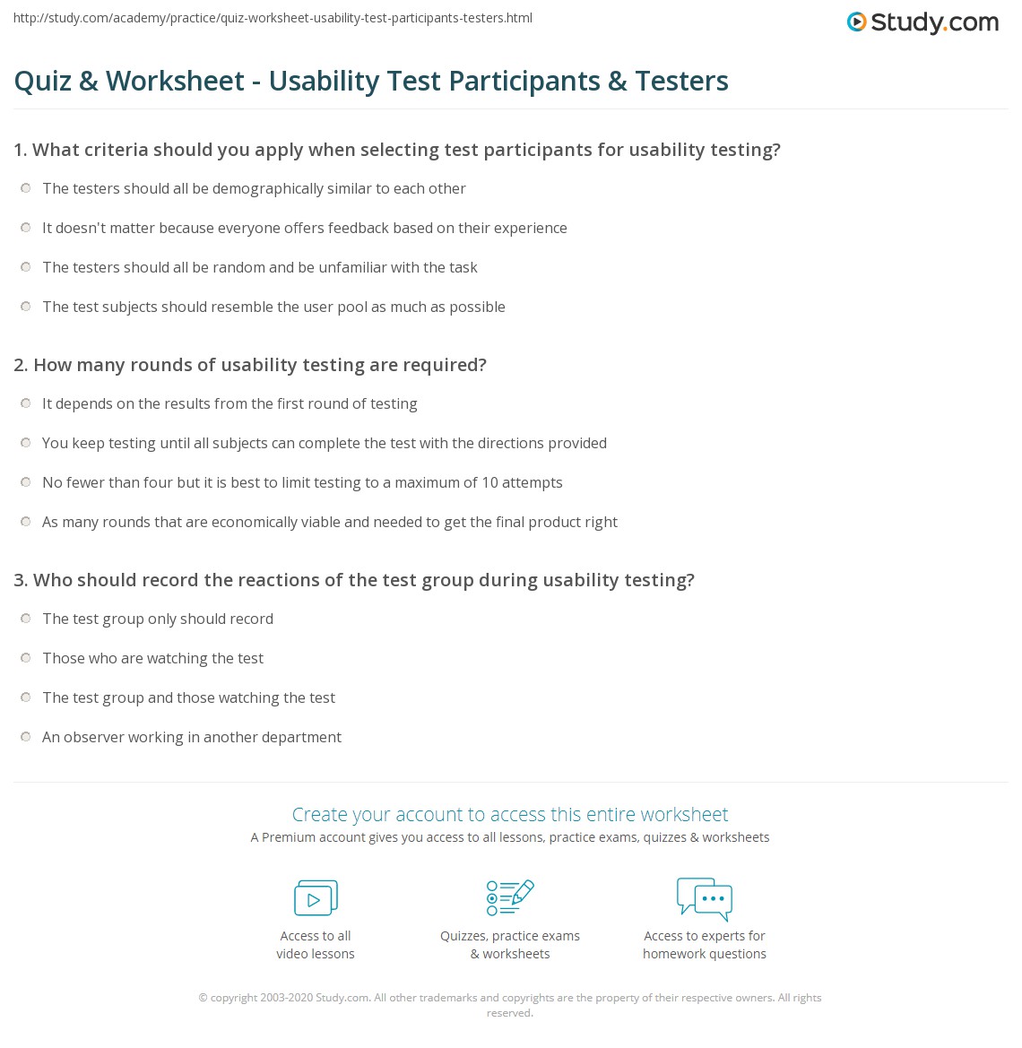 Quiz & Worksheet - Usability Test Participants & Testers | Study.com