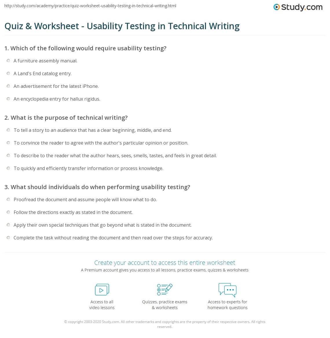 Quiz & Worksheet - Usability Testing in Technical Writing | Study.com