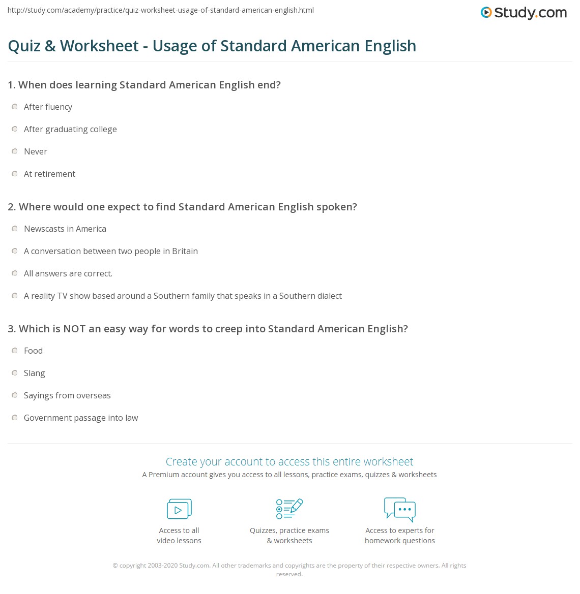 Quiz & Worksheet - Usage of Standard American English | Study.com