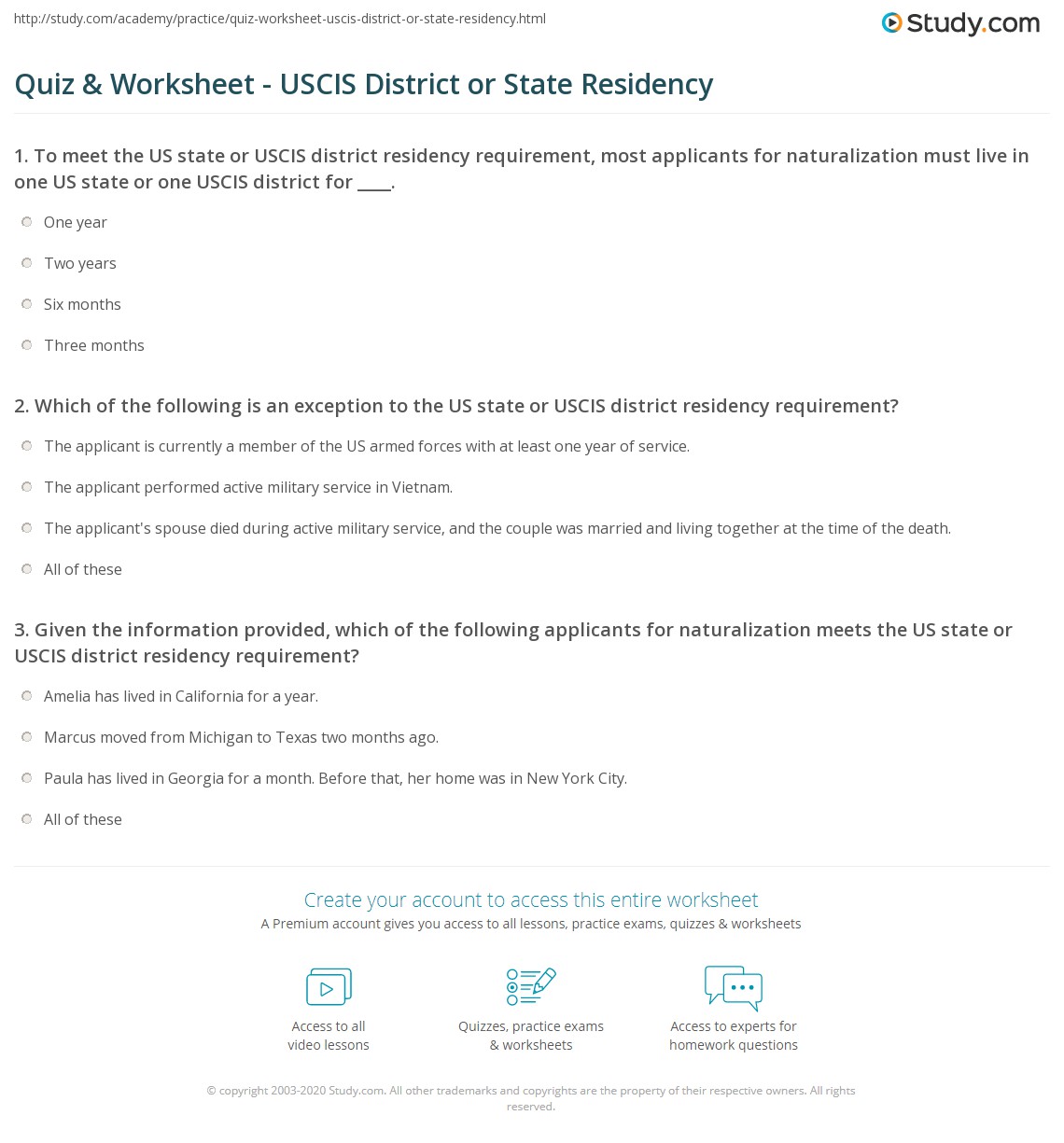 Quiz & Worksheet - USCIS District or State Residency | Study.com