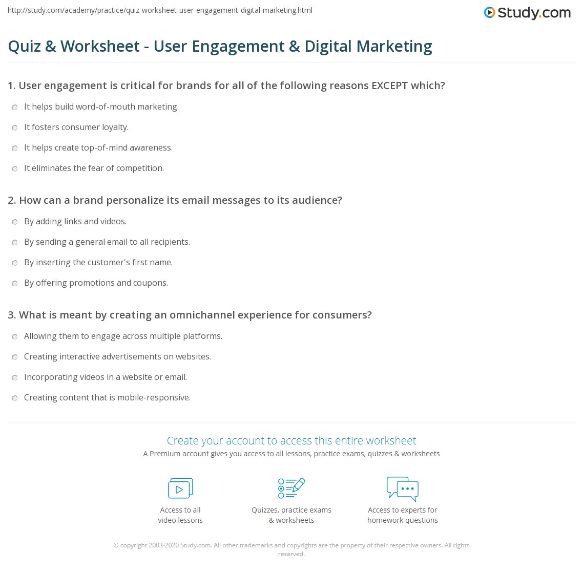 Quiz & Worksheet - User Engagement & Digital Marketing | Study.com