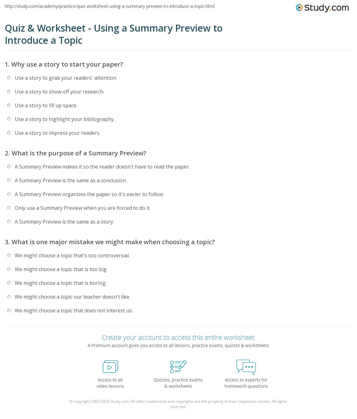 Quiz & Worksheet - Using a Summary Preview to Introduce a Topic | Study.com